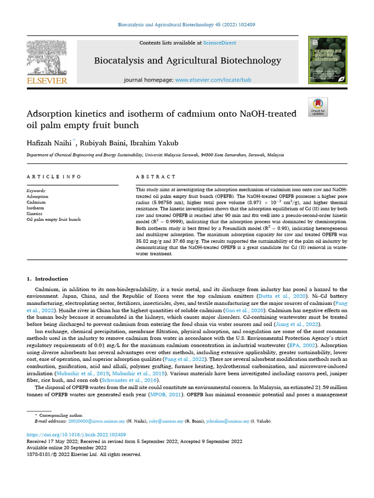 Adsorption Kinetics and Isotherm of Cadmium Onto NaOH-treated Oil Palm Empty Fruit Bunch | PDF ...