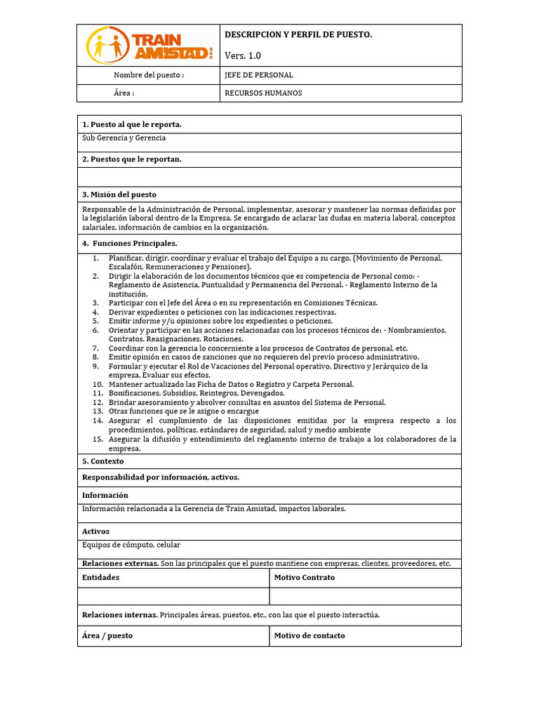 Perfil Puesto Jefe de Personal | PDF | Gestión de recursos humanos ...