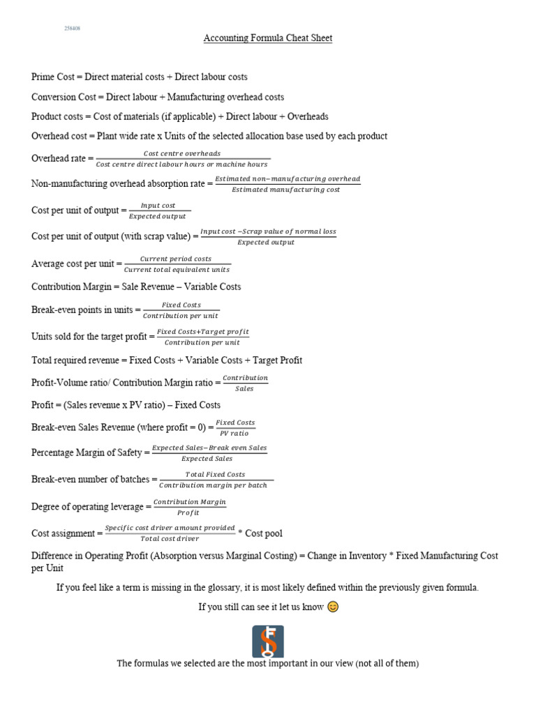 Accounting Formula Cheat Sheet | PDF | Cost | Production And Manufacturing