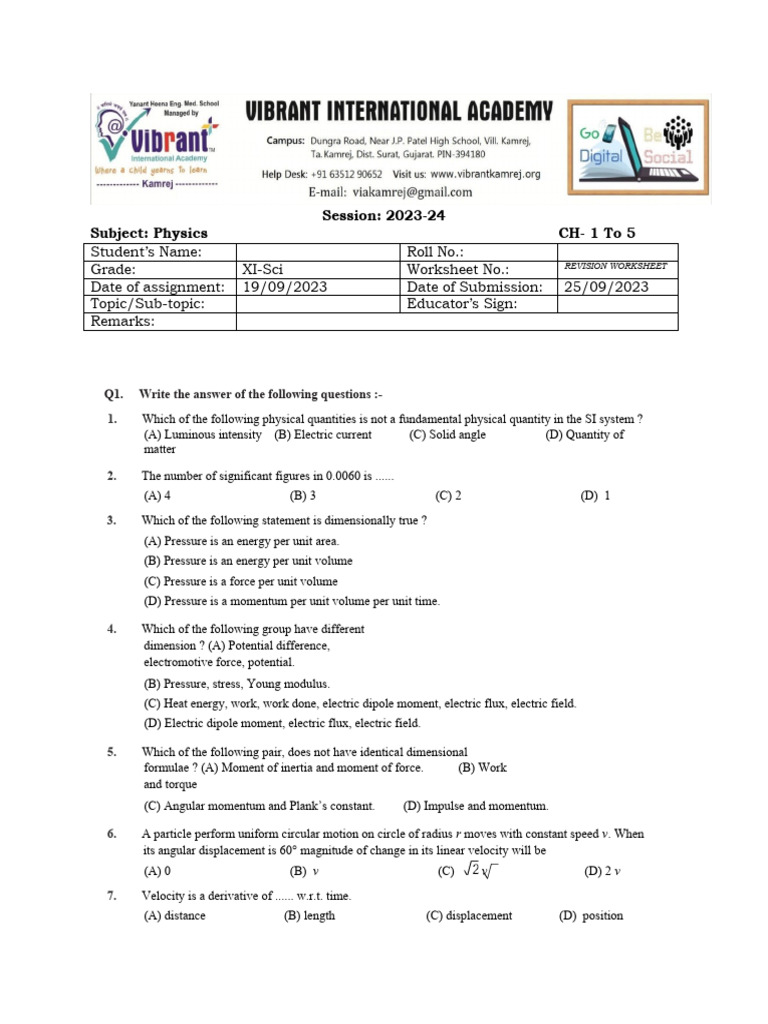 Grade Xi-Sci Physics Worksheet For (Half Yearly) | PDF | Velocity | Force