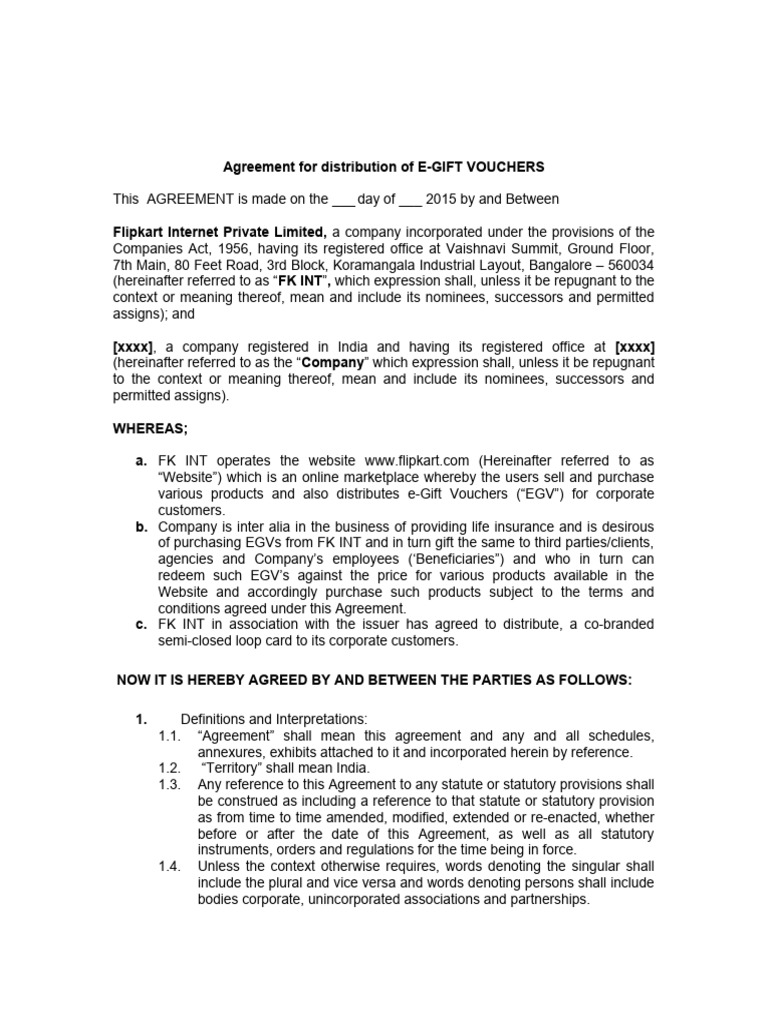 E-Gift Voucher Distribution Agreement | PDF | Indemnity | Private Law