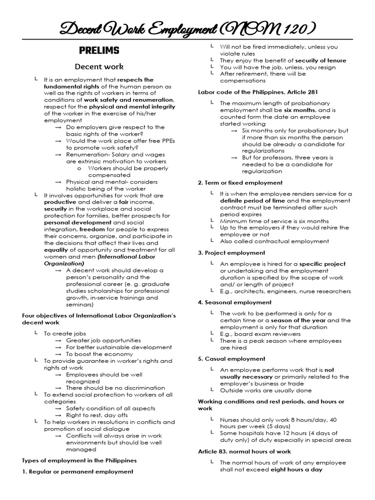 Decent Work Employment Overview (NCM 120) | PDF | Employment | Nursing