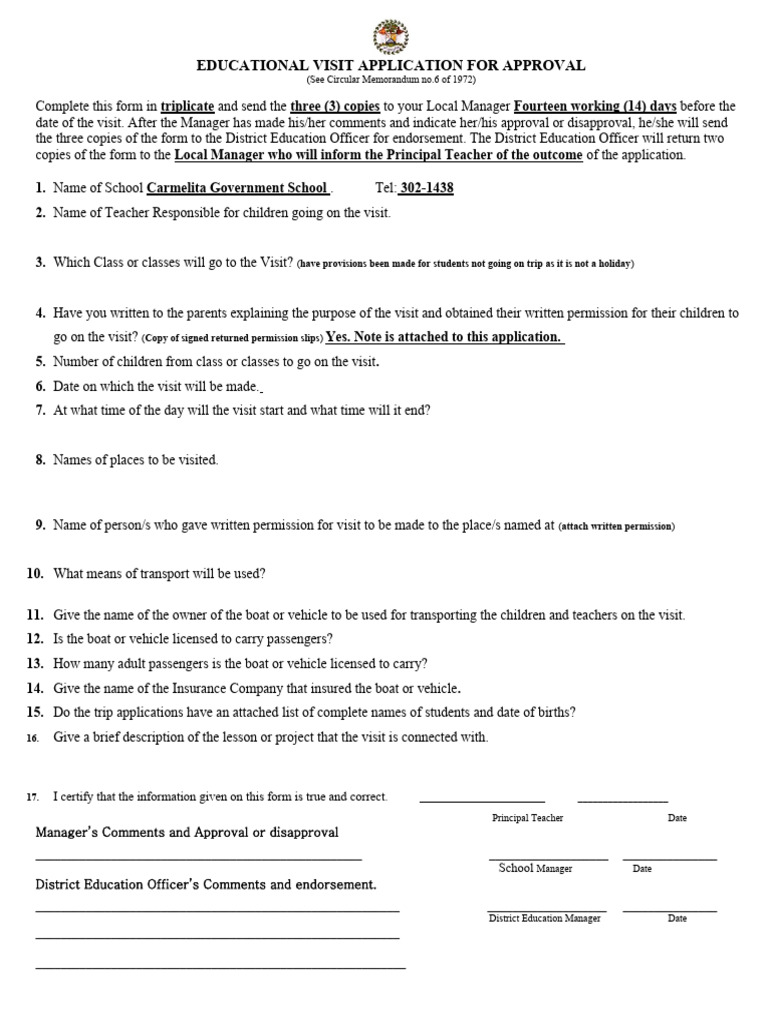 Educational Visit Approval Form | PDF | Manufactured Goods | Service ...