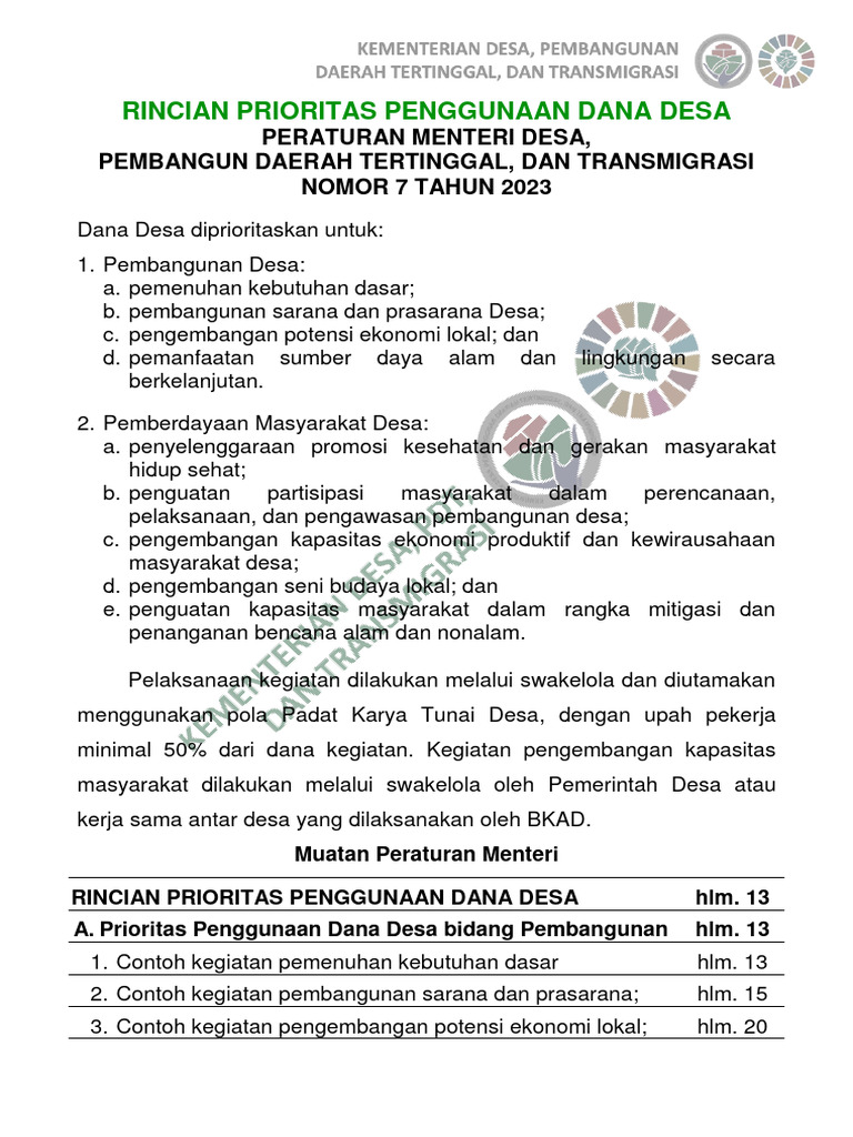 Village Summary Permendesa Prioritas Penggunaan Dana Desa 2024 Pdf