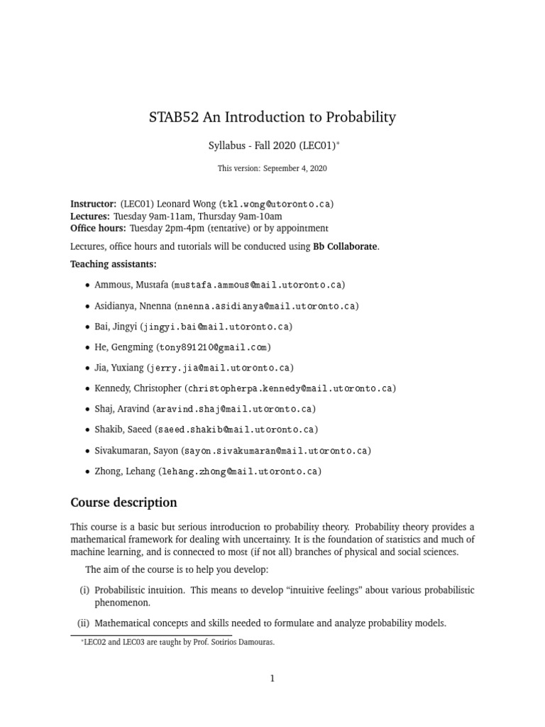 Syllabus STAB52 F20 LEC01 | PDF | Probability Theory | Academic Dishonesty