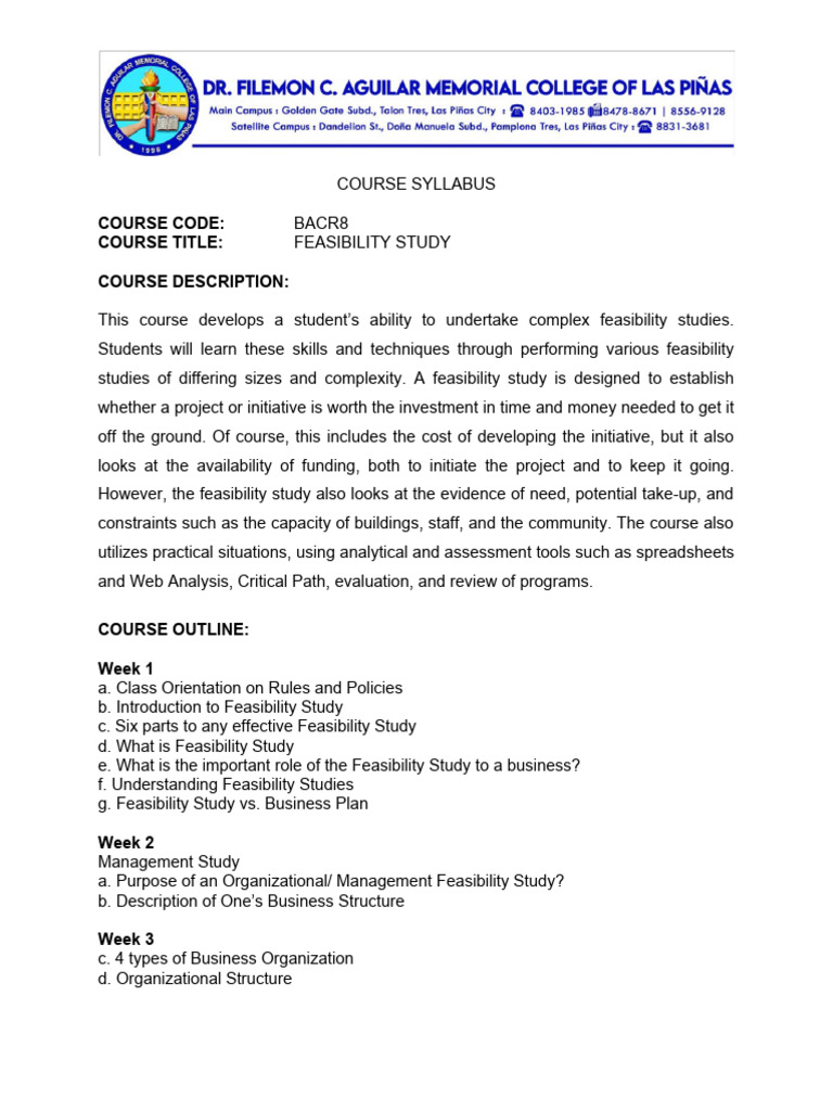 Revised SYLLABUS FEASIBILITY STUDY | PDF | Feasibility Study | Capital ...