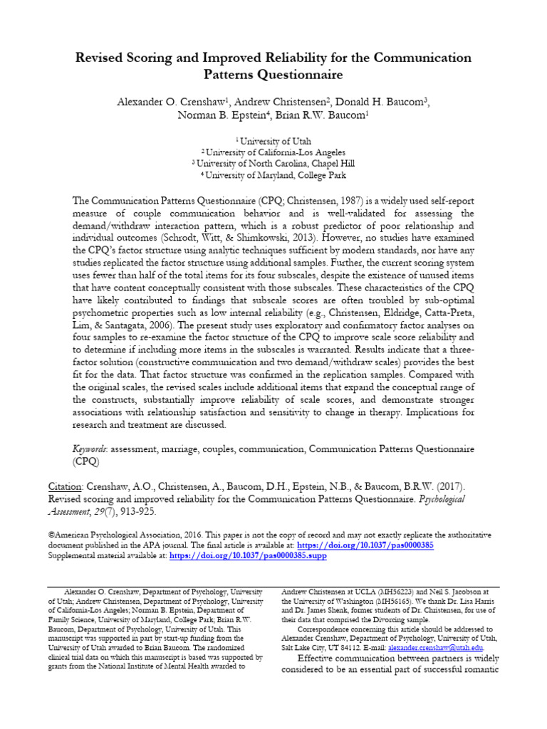 Crenshaw Et Al (2017) - Revised Scoring For The Communication Patterns Questionnaire | Download ...