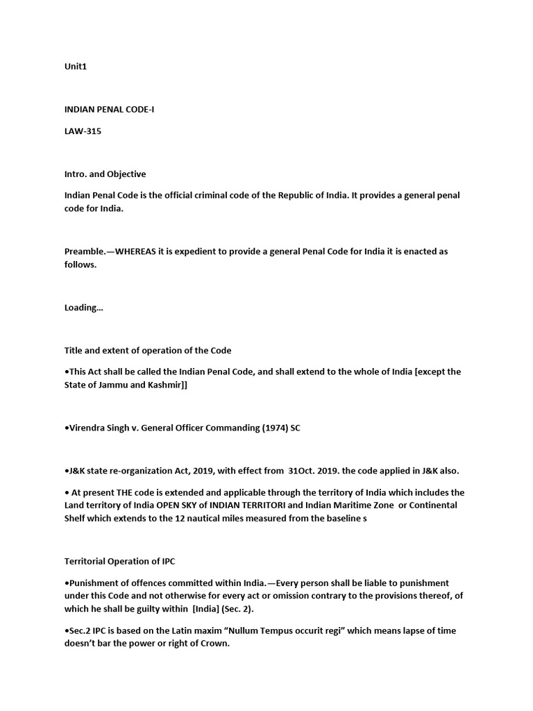 Unit 1 Ipc | PDF | Mens Rea | Crimes