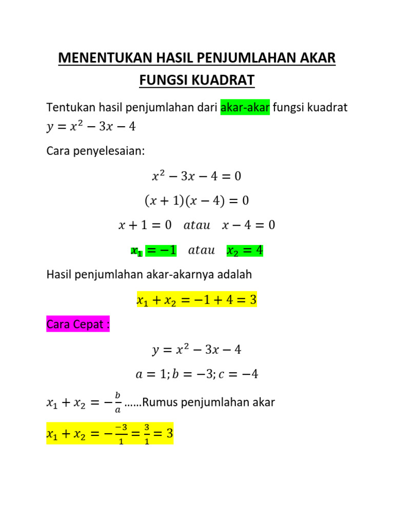 Menentukan Hasil Penjumlahan Akar Fungsi Kuadrat | PDF Menentukan Hasil Penjumlahan Akar Fungsi Kuadrat | PDF