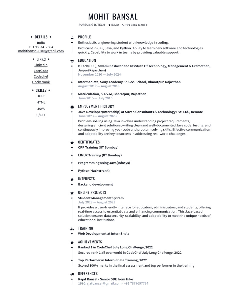 BANSAL - MOHIT Resume 1 | PDF | Java (Programming Language) | Computing BANSAL - MOHIT Resume 1 | PDF | Java (Programming Language) | Computing