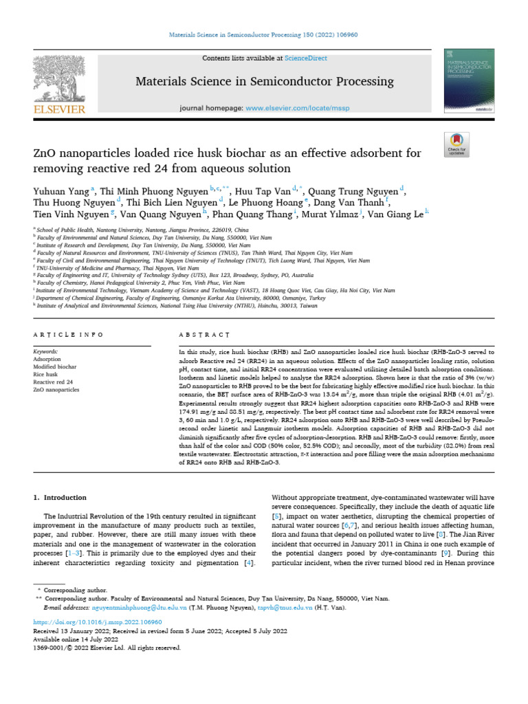 ZnO Nanoparticles Loaded Rice Husk Biochar as an Effective Adsorbent for Removing Reactive Red ...