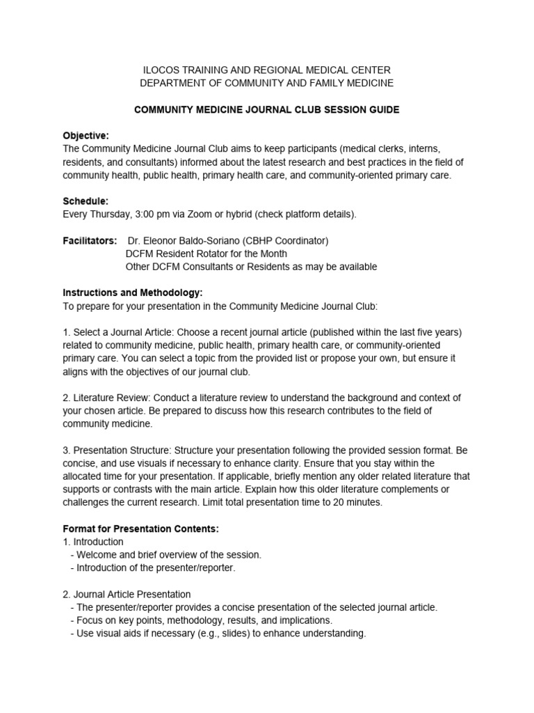 Community Medicine Journal Club Guide and Topics List 2022 09 23 | PDF ...