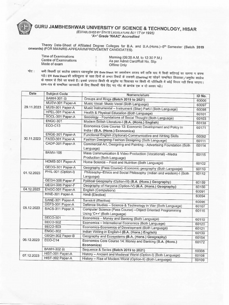 Date Sheet Dec-2023 UG-5th Sem | PDF
