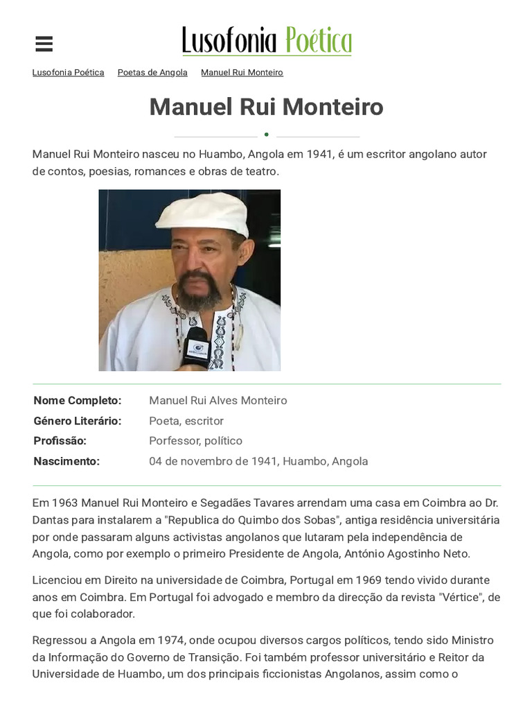 Manuel Rui Monteiro, Poeta Angolano, Biografia e Obra | PDF | Angola