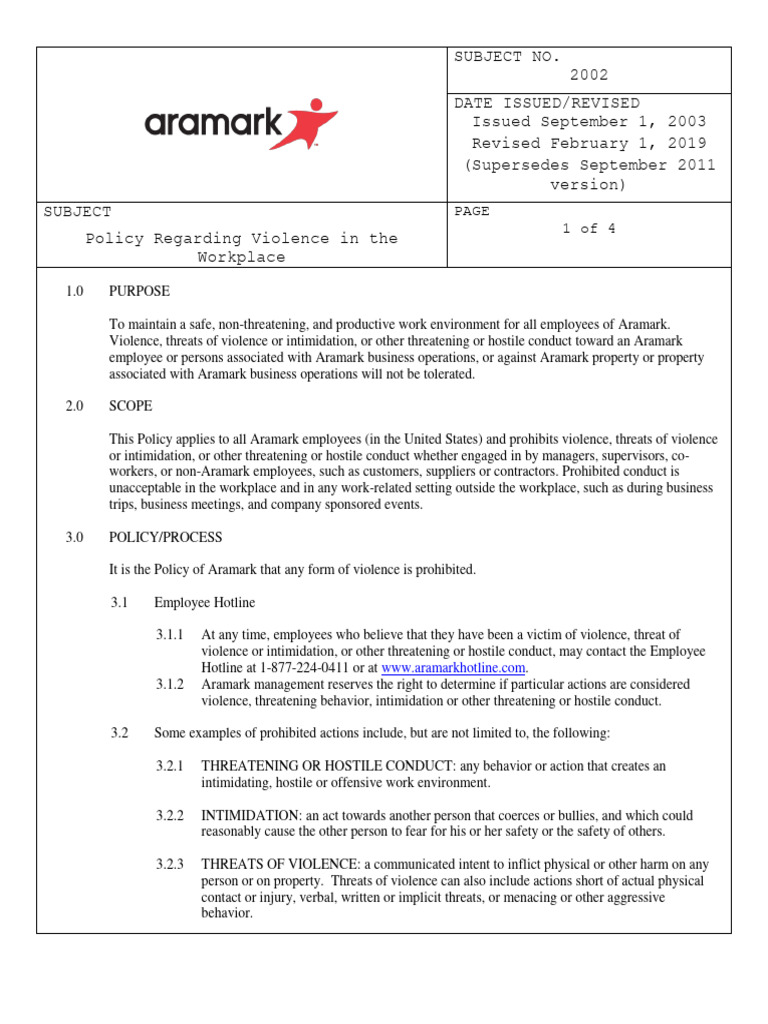 Aramark Workplace Violence Policy | PDF | Violence | Intimidation
