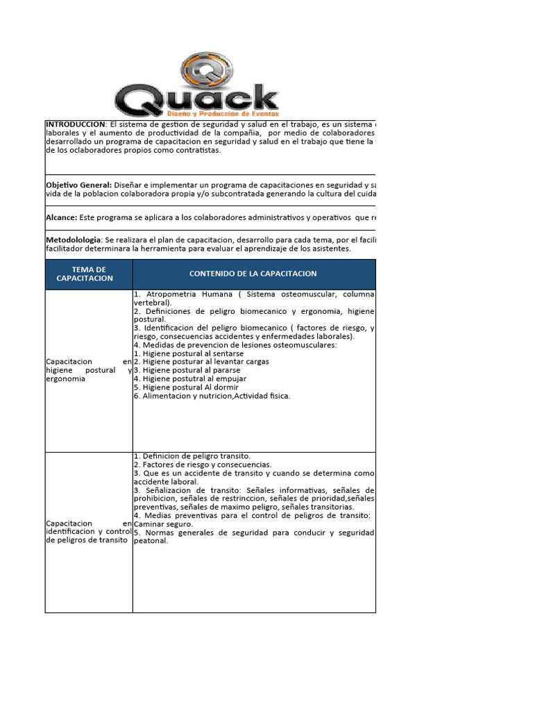 Programa De Capacitacion En Sst Pdf Higiene Factores Humanos Y