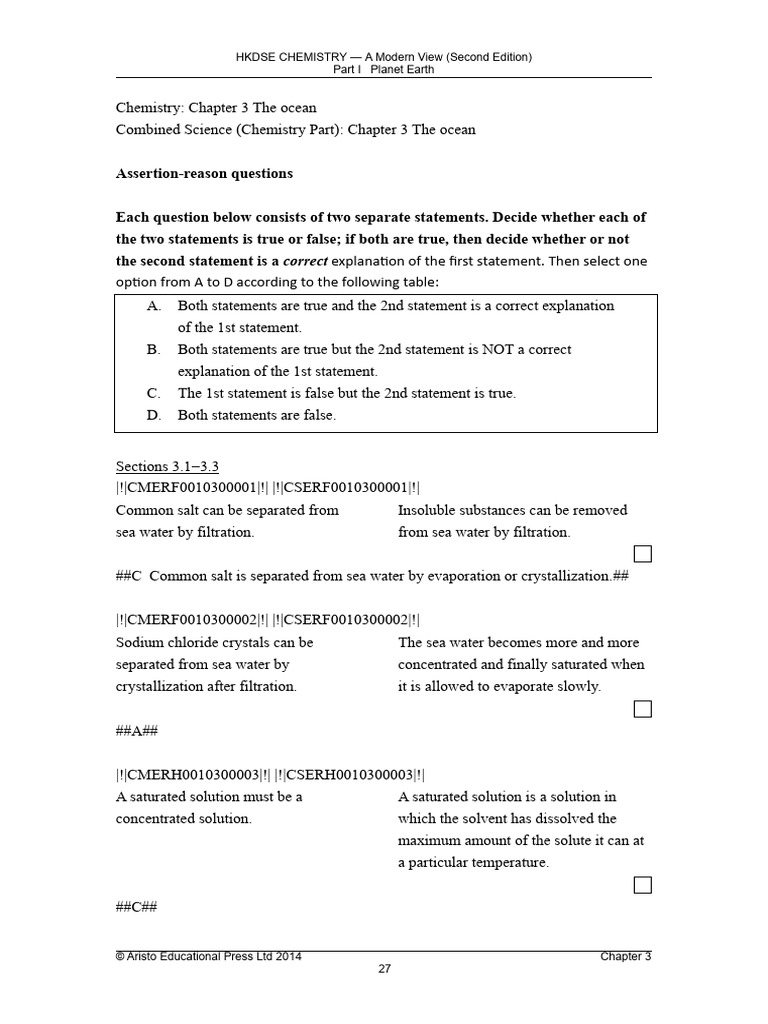 Chapter 3 Assertion-Reason Questions | PDF | Solubility | Water