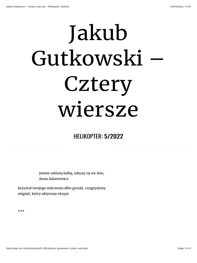 Jakub Gutkowski - Cztery Wiersze - Helikopter 5:2022 | PDF Jakub Gutkowski - Cztery Wiersze - Helikopter 5:2022 | PDF