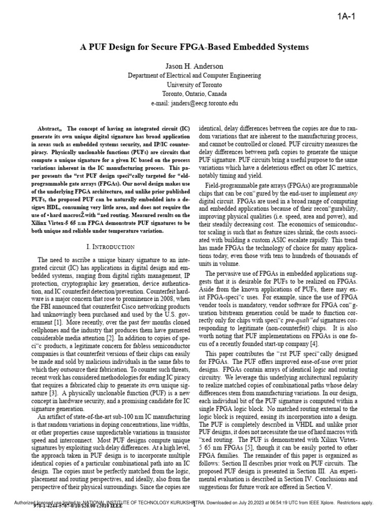 A PUF Design For Secure FPGA-based Embedded Systems | PDF | Field ... A PUF Design For Secure FPGA-based Embedded Systems | PDF | Field ...