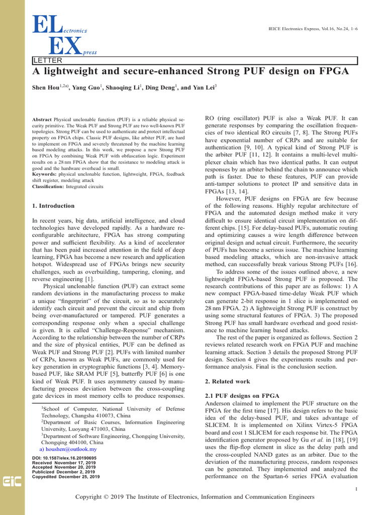 A Lightweight and Secure-Enhanced Strong PUF Design On FPGA: Letter | PDF | Field Programmable ...