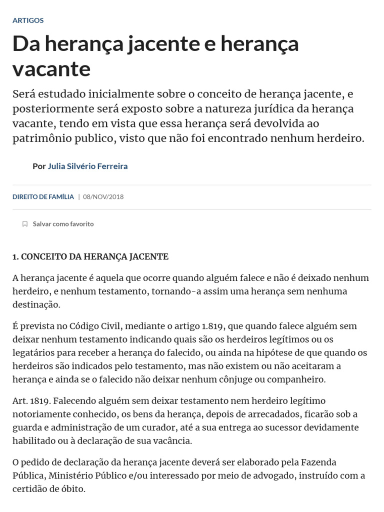 Herança Jacente e Vacante: Conceitos Jurídicos | PDF | Testamento ...