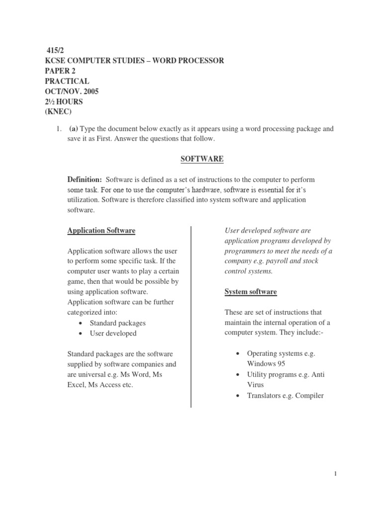 Word Processing 2005-2021 Kcse Computer Studies Practical | PDF ...