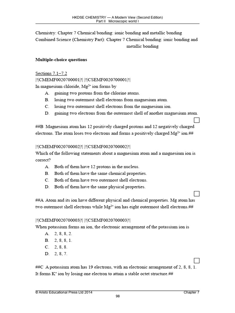 Chapter 7 Multiple-Choice Questions | PDF | Ion | Chemical Compounds