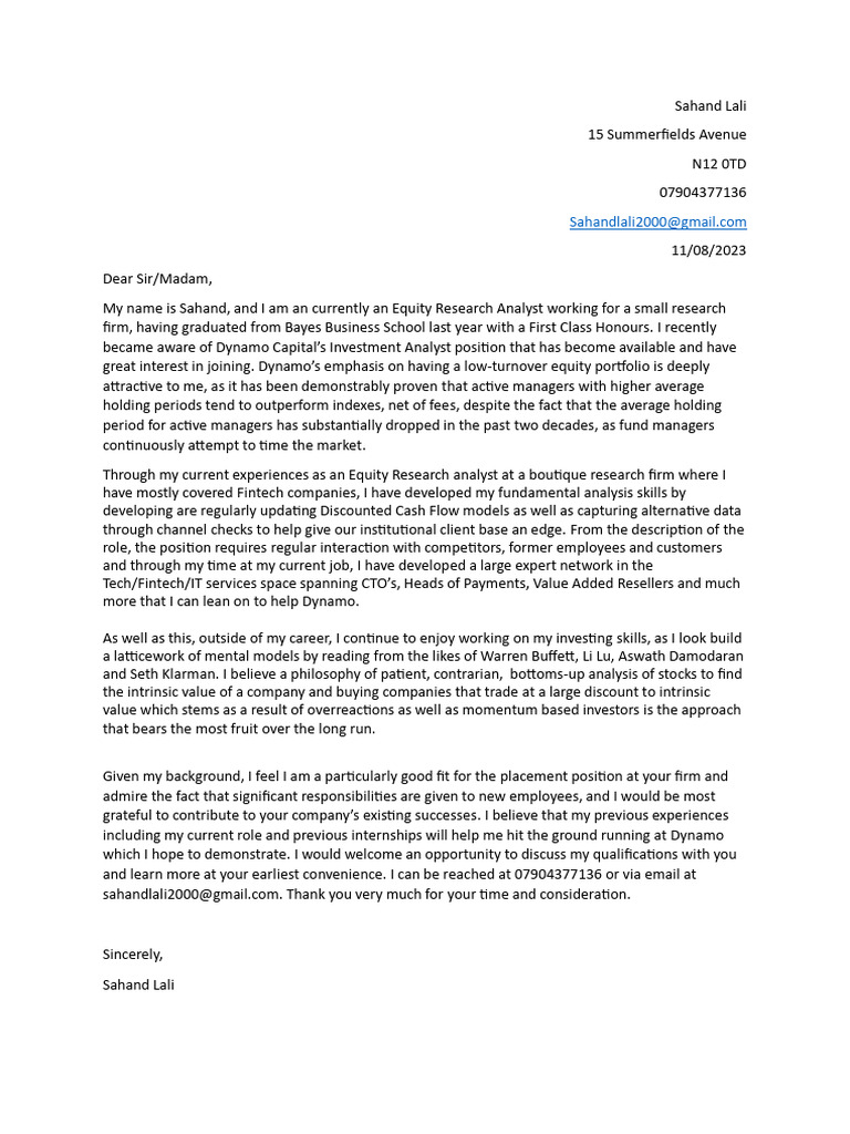 Sahand Lali Cover Letter Dynamo | PDF | Investing | Stocks