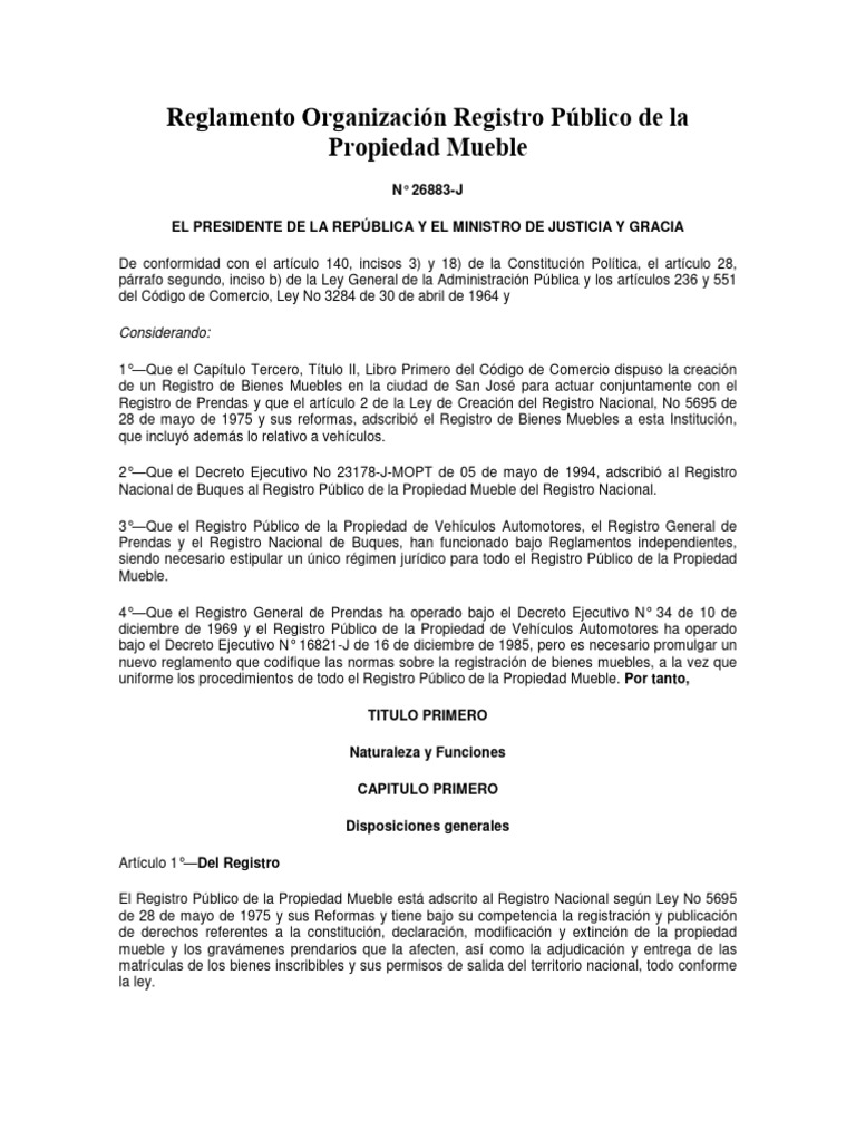 Reglamento de Organización Del Registro Público de La Propiedad Mueble ...