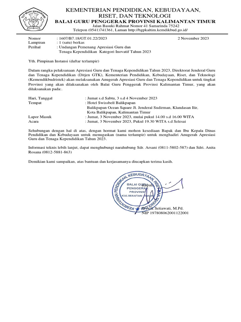 1607 - Surat Undangan Pemenang Apresiasi GTK Inovatif - Rev | PDF