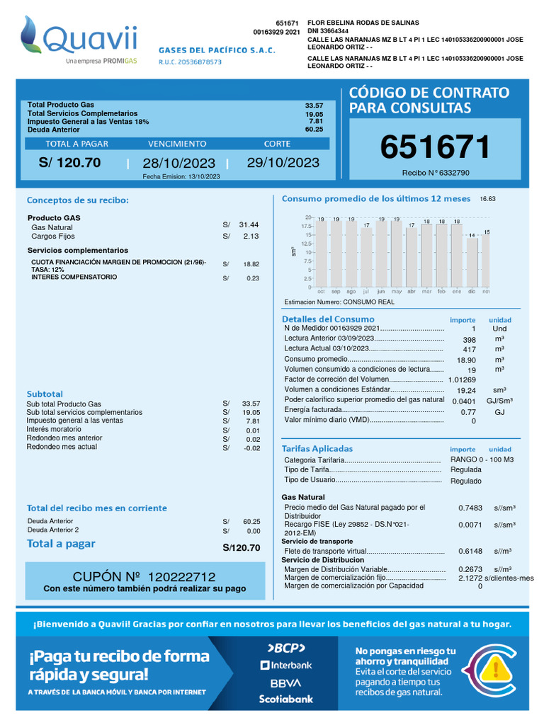 Recibo de Gas Quavii - Octubre 2023 | PDF | Economias