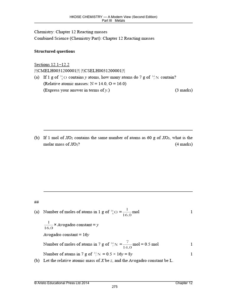 Chapter 12 Structured Questions | PDF | Mole (Unit) | Silver