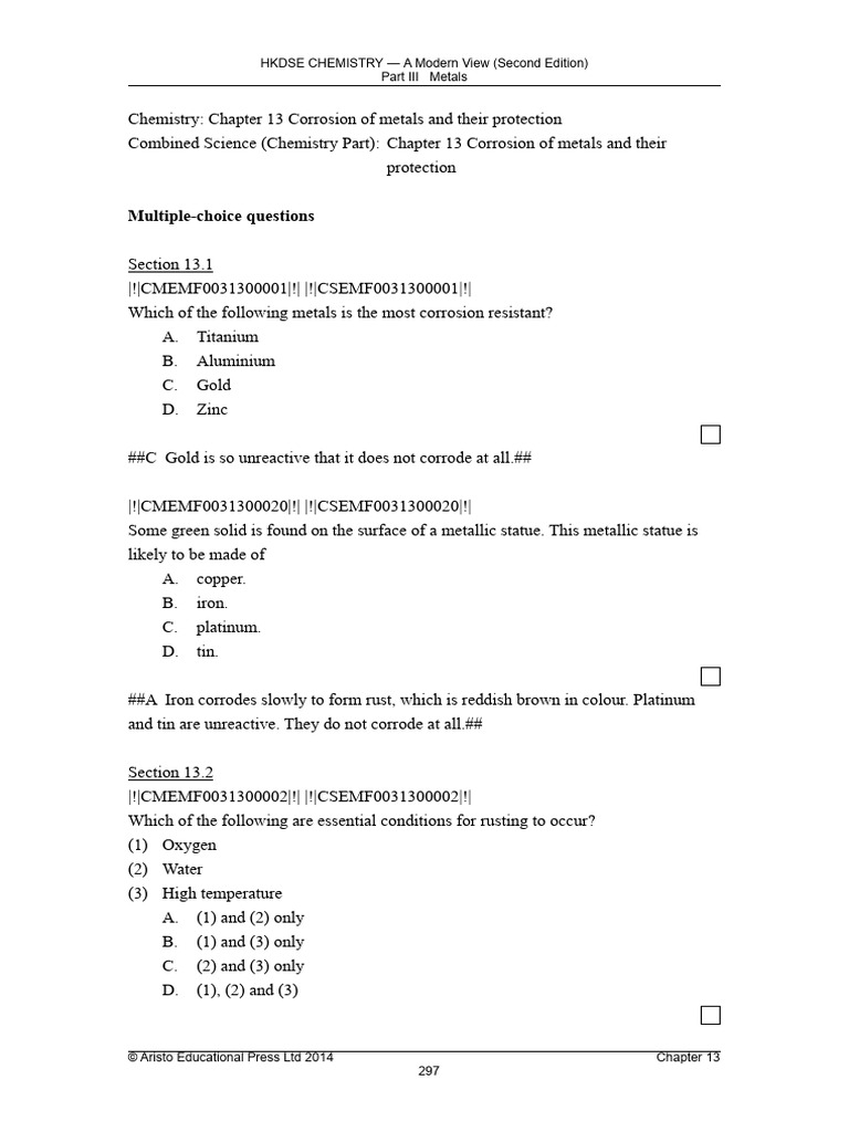 Chapter 13 Multiple-Choice Questions | PDF | Rust | Corrosion