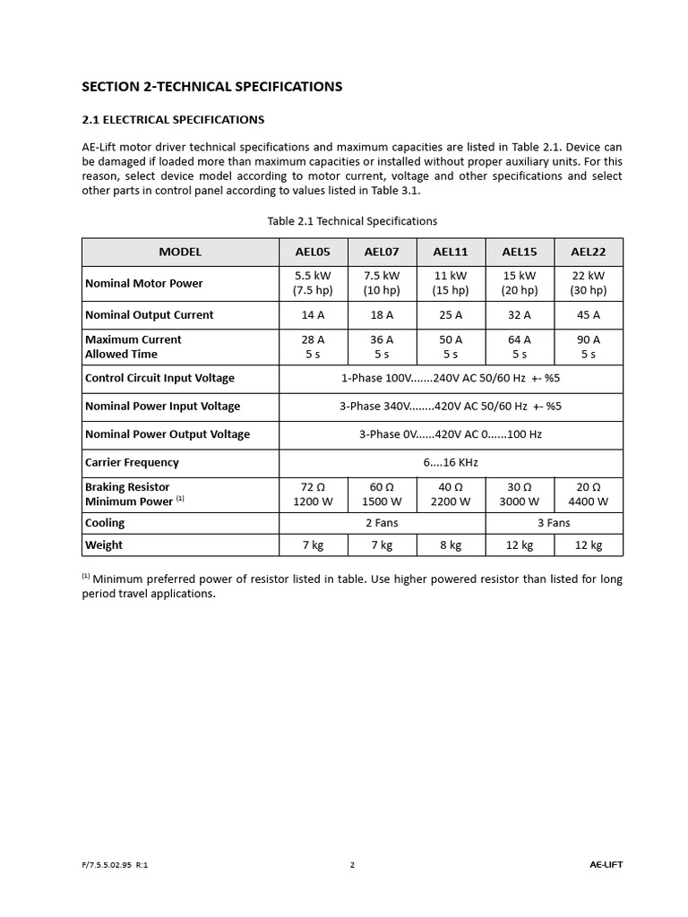 Ae Lift Electrical Specifications | PDF