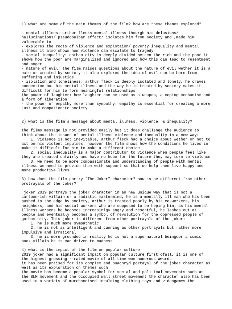 The Joker Analysis Questions | PDF | Violence | Poverty