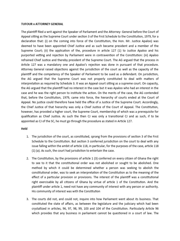 TUFOUR v ATTORNEY GENERAL Case Summary | PDF | Constitution | Supreme ...