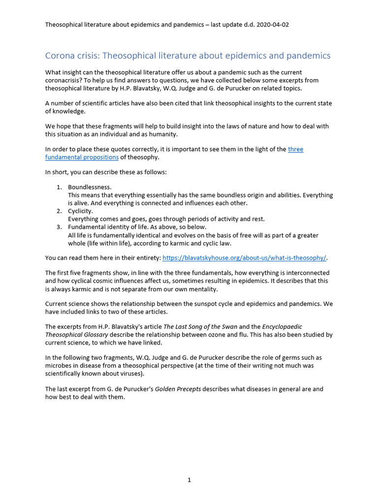 Theosophical Literature About Epidemics and Pandemics | PDF | Theosophy ...