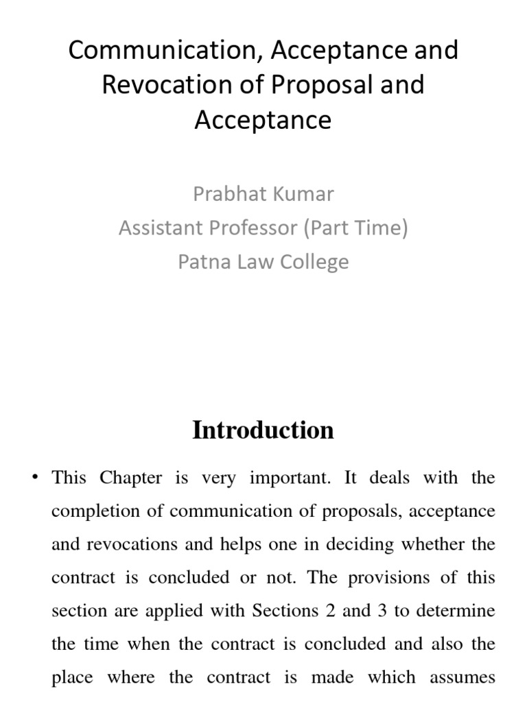 Communication, Acceptance and Revocation of Proposal and Acceptance by ...