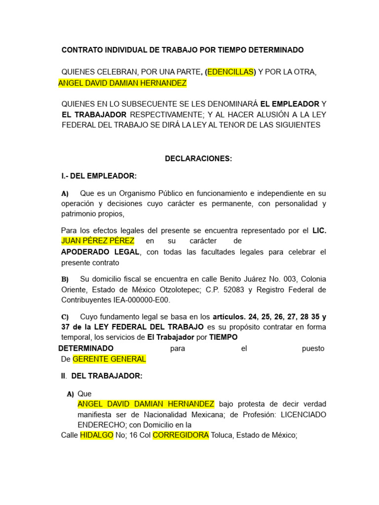 CONTRATO INDIVIDUAL DE TRABAJO POR TIEMPO DETERMINADO | PDF | Derecho laboral | México
