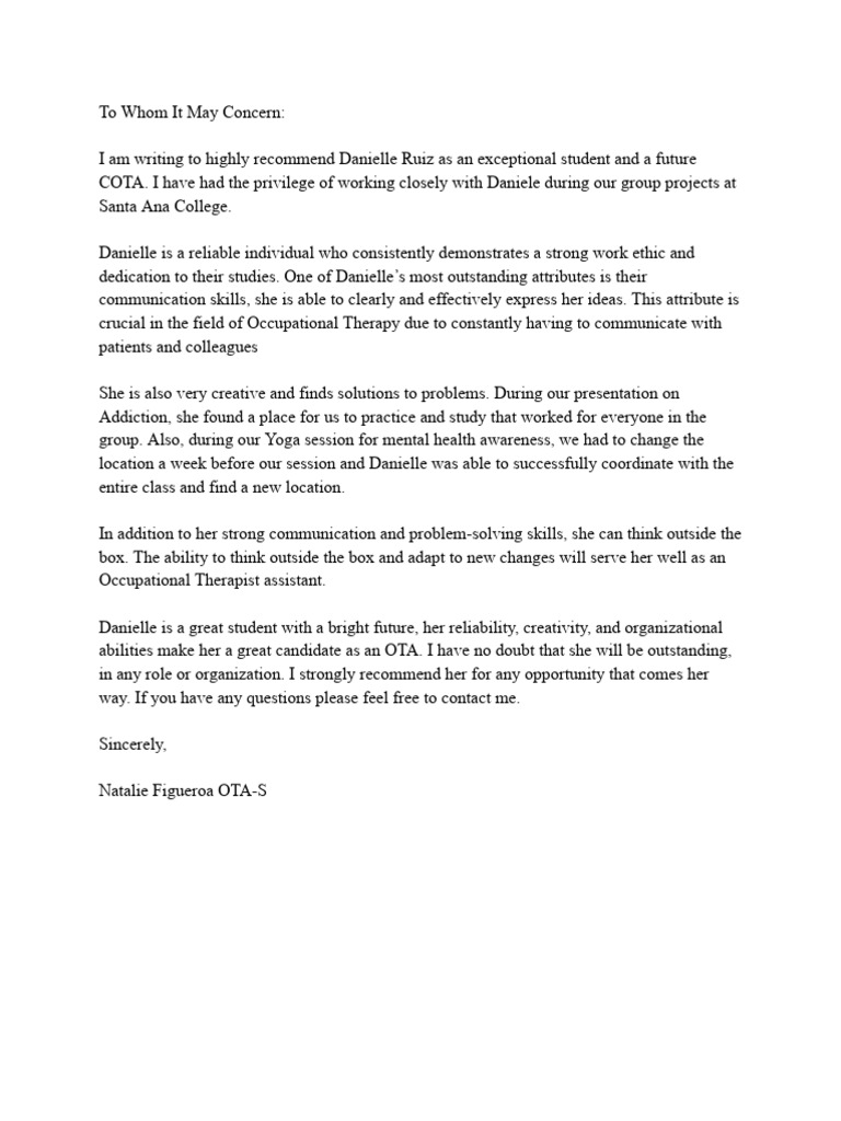 Recommendation for Danielle Ruiz, COTA | PDF