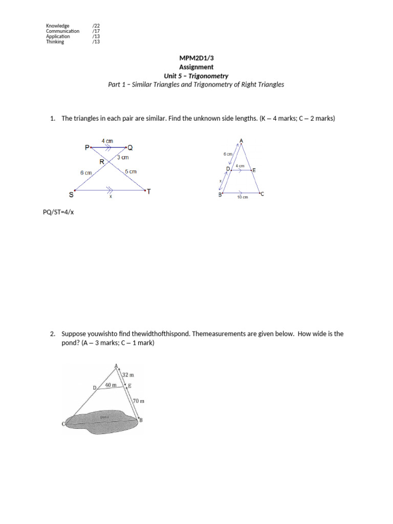 Trigonometry and Similar Triangles Assignment | PDF | Triangle ...