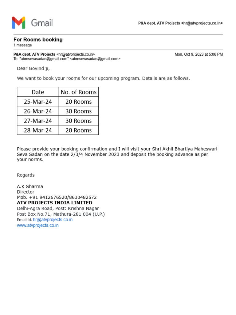 ATV Projects Mail - For Rooms Booking | PDF