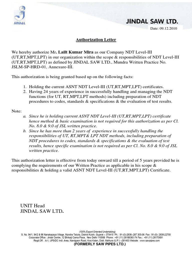 NDT Level-III Authorization | PDF | Business | Technology & Engineering