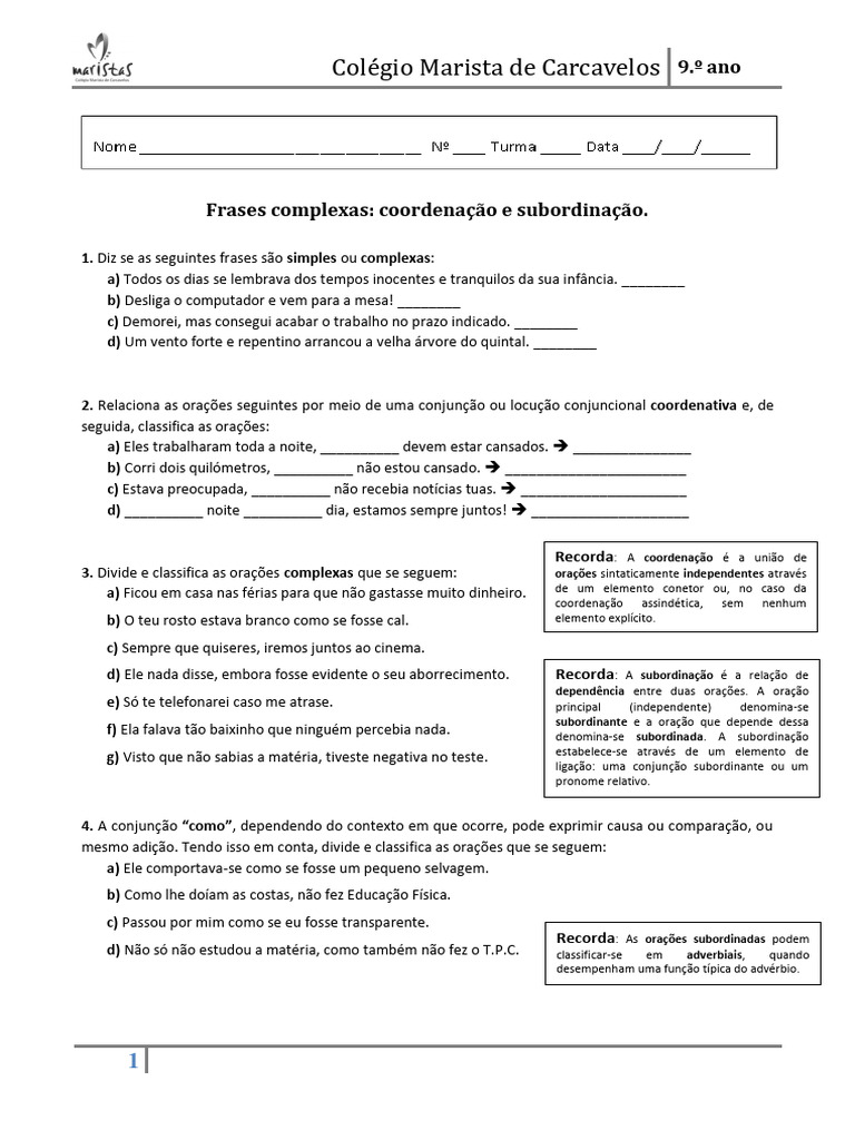 Frases Complexas Exercícios 9º | PDF | Pronome | Mecânica da linguagem