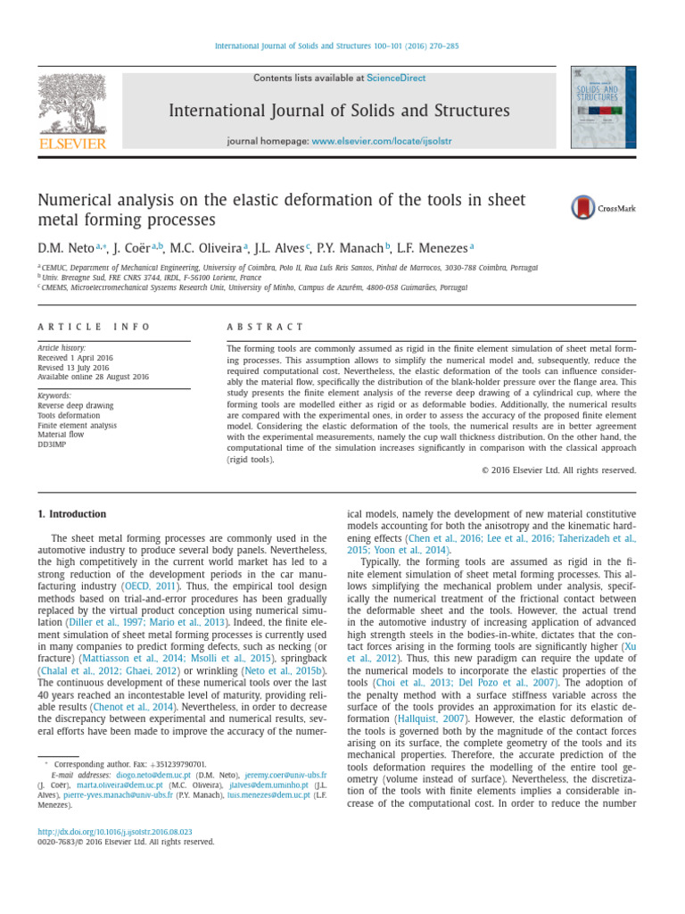 2016 Numerical Analysis Elastic Deformation Of The Tools In Sheet Metal Pdf Stress