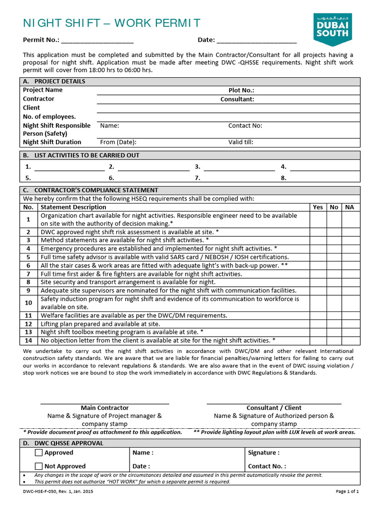 Night Shift - Work Permit | PDF