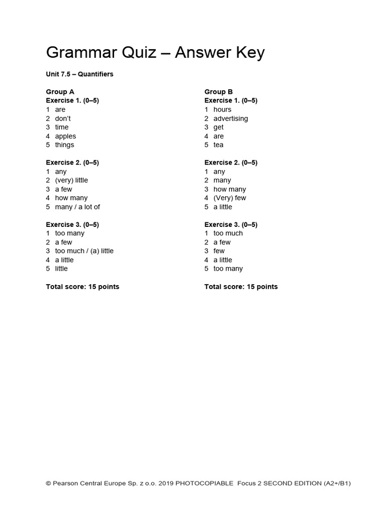 Focus - 2 - 2ed - Grammar - Quiz - Unit 7.5 - GroupA&B - ANSWERS | PDF