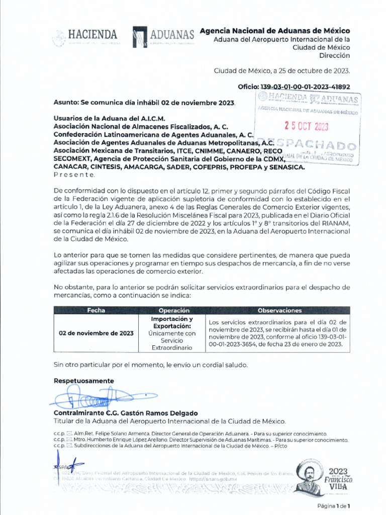 Oficio 139-03-01-00-01-2023-41892 Dia Inhabil | PDF