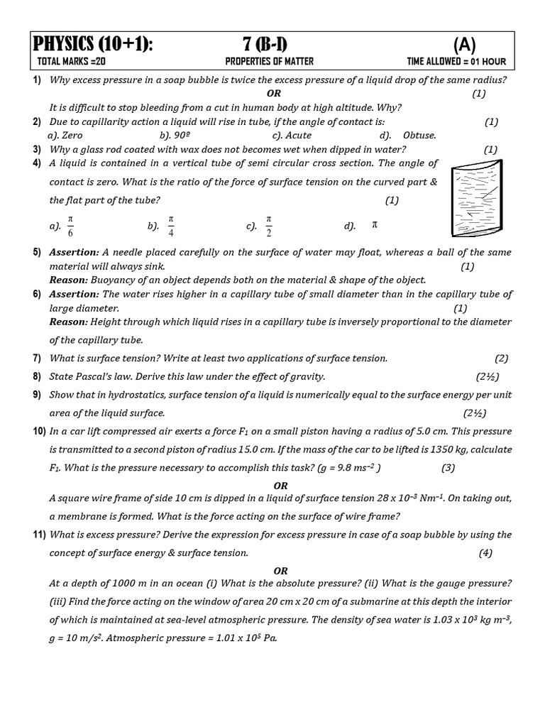 Test With Answers of Unit 07 (B-I) | PDF | Surface Tension | Pressure
