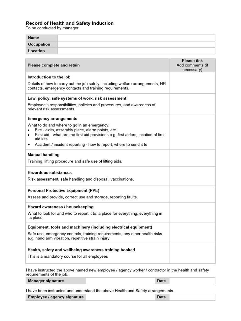 Health and Safety Induction Record | PDF | Occupational Safety And ...